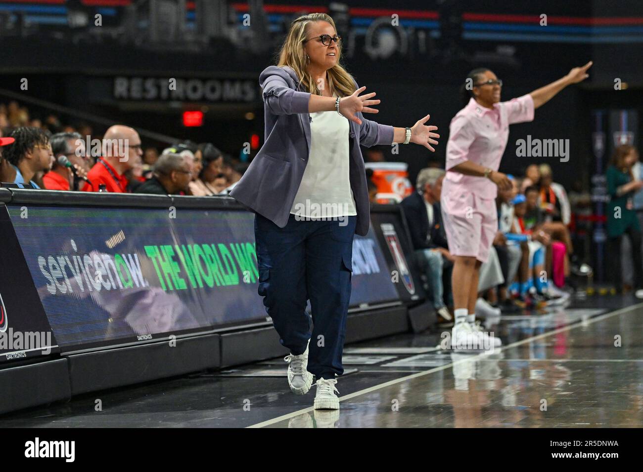 COLLEGE PARK, GA – JUNE 02: Las Vegas head coach Becky Hammon gestures ...