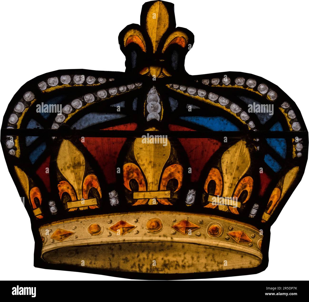 Close up of ornate crown decorated with gold fleur de lys in stained ...