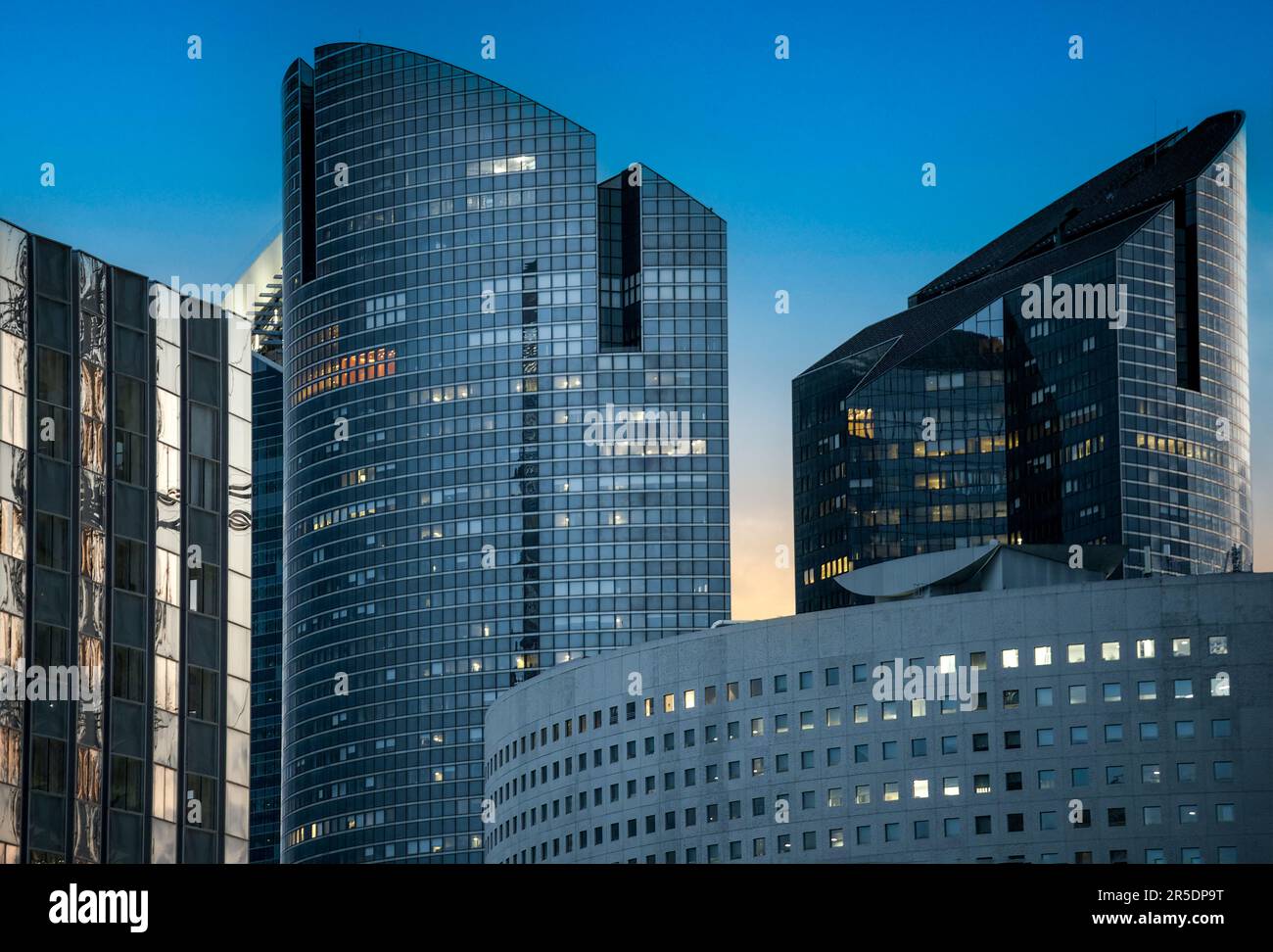 Cityscape with skyscrapers glass facade. Evening with modern buildings ...