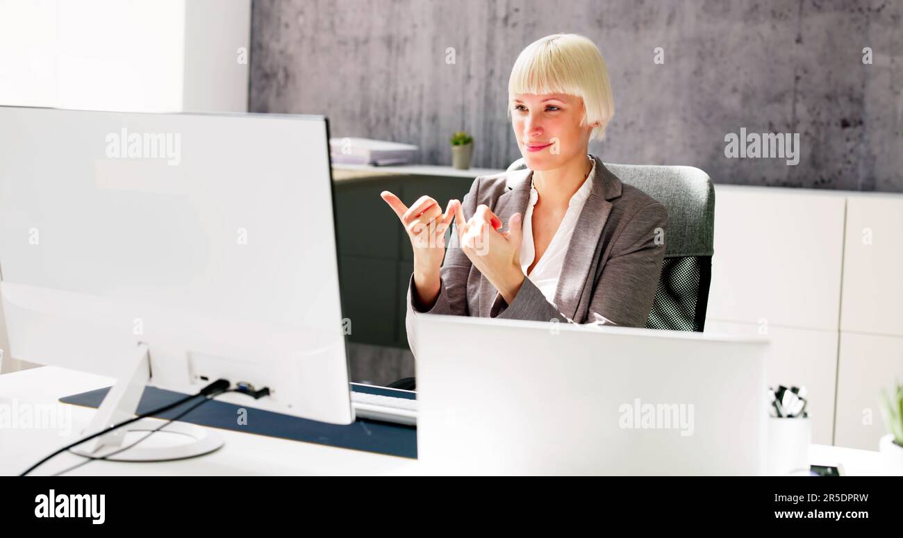 Online Meeting On Computer Using Sign Language Stock Photo - Alamy
