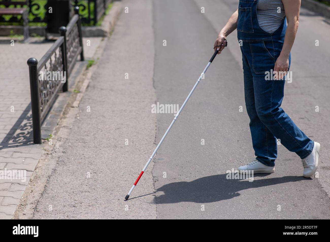 Blind pregnant woman crosses the street with the help of a tactile cane ...
