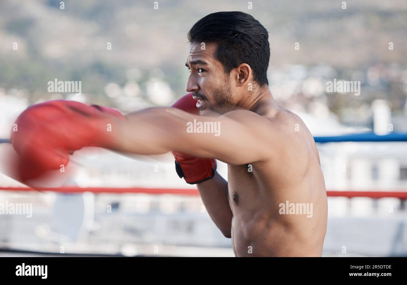 Rooftop, fitness and man boxing, training and exercise with wellness ...