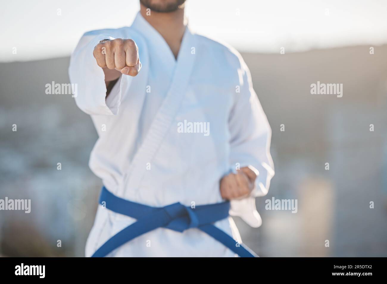 Karate, fitness and fighting with a sports man in gi, training in the ...