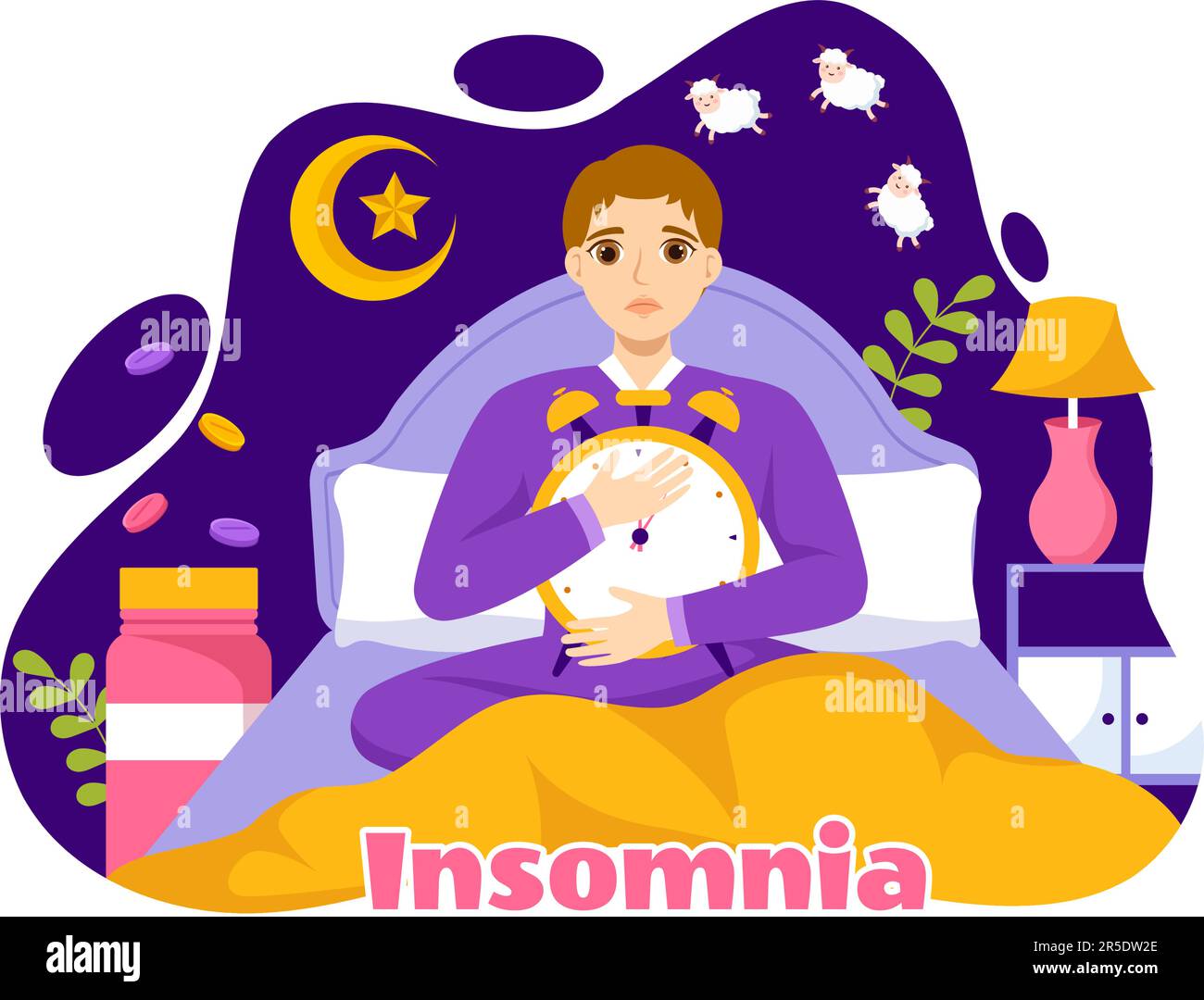 Insomnia Vector Illustration with Young People Unable to Sleep ...