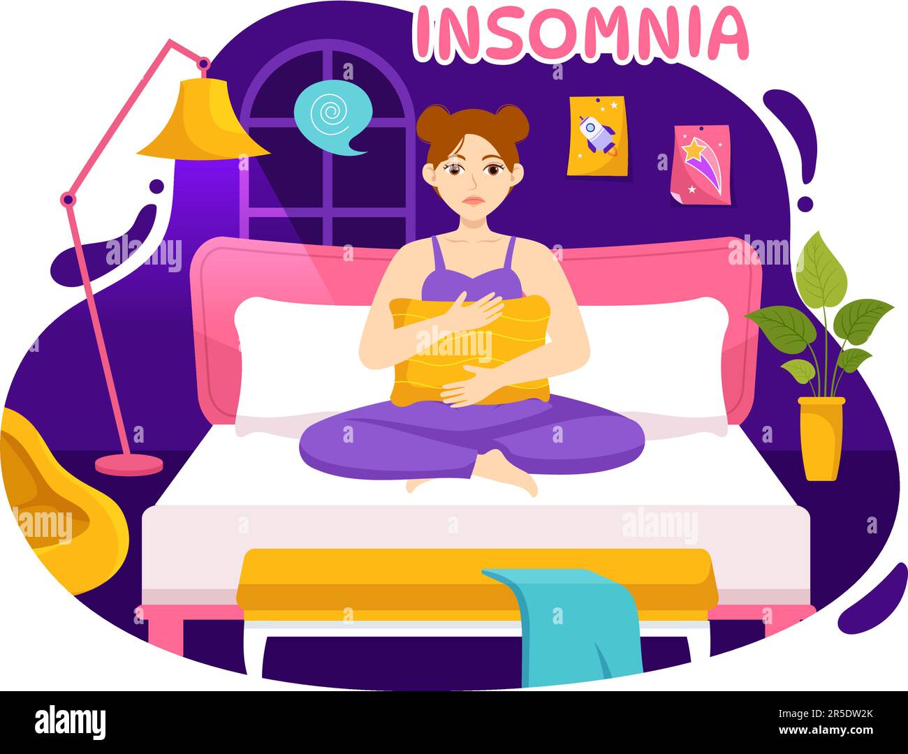 Insomnia Vector Illustration with Young People Unable to Sleep ...