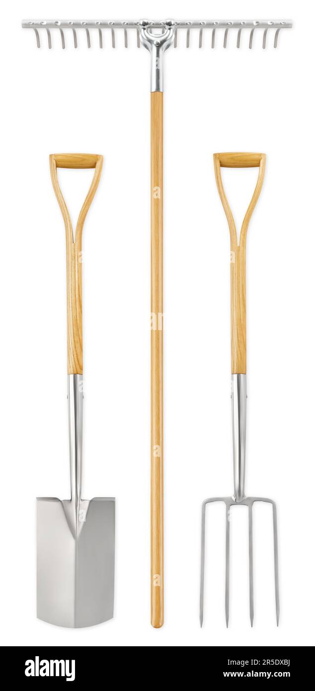 Gardening tool equipment set. Spade, digging fork and rake with wooden ...