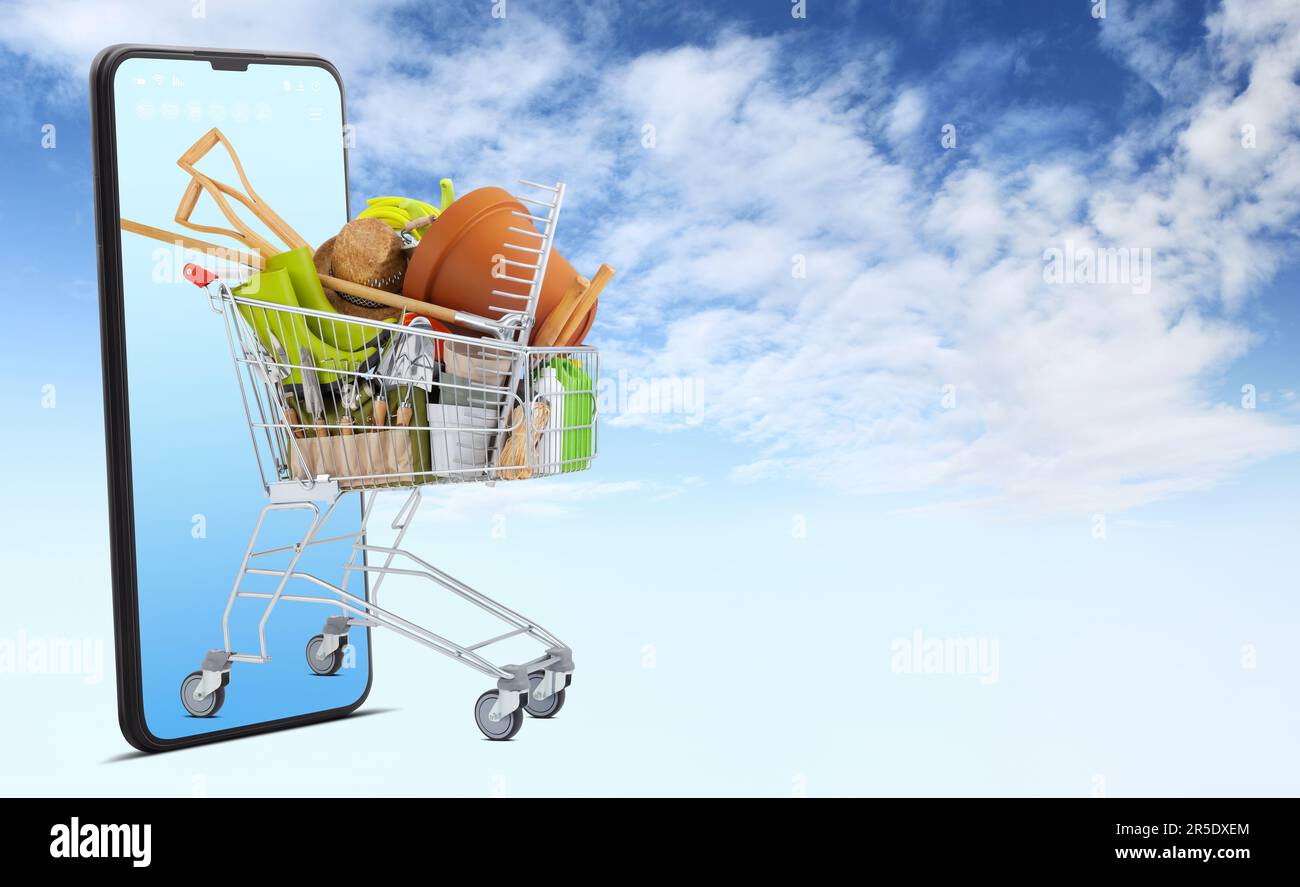 Shopping cart filled with gardening equipment emerges from smartphone ...