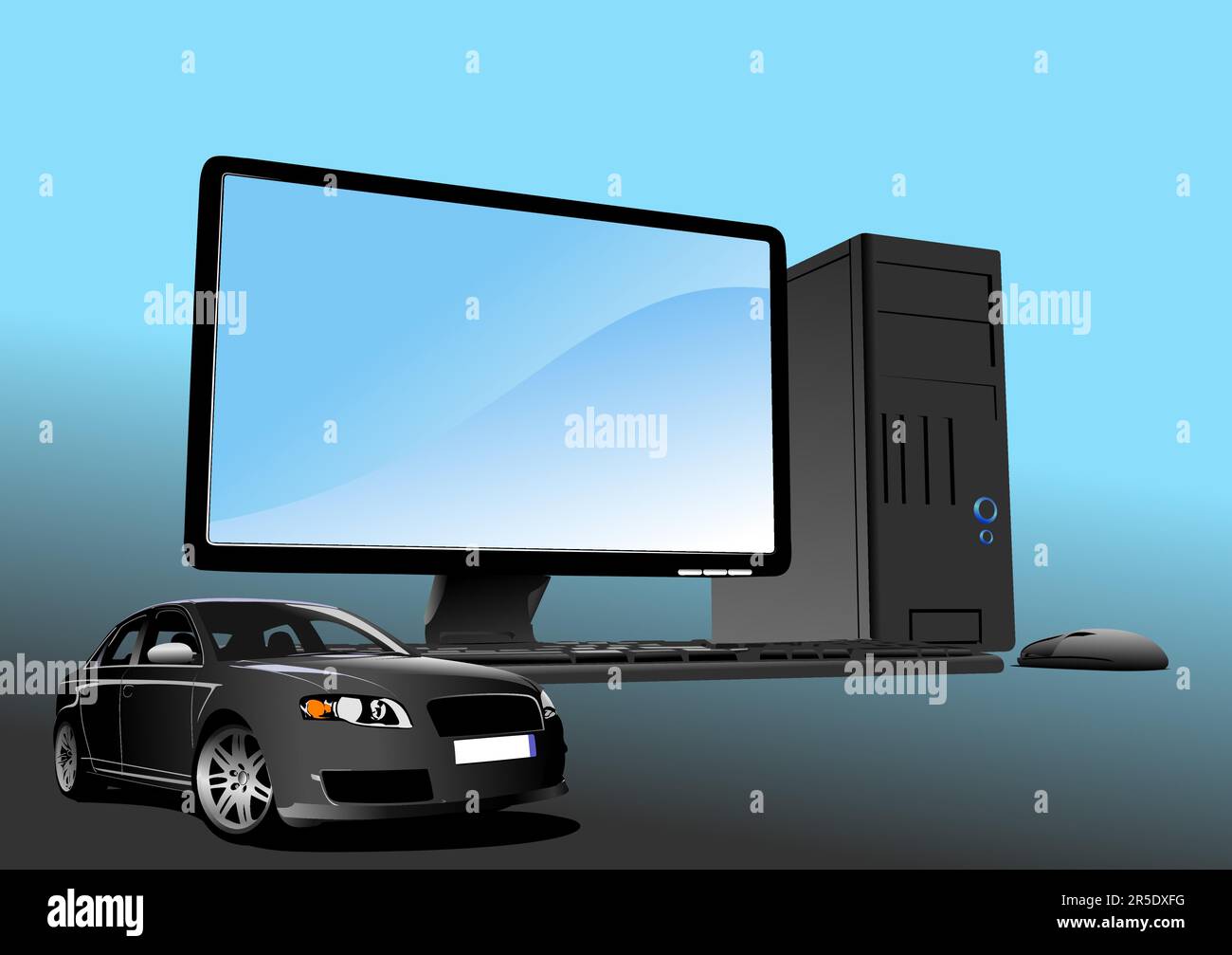 Abstract composition of black car-sedan an desktop PC. Vector 3d ...