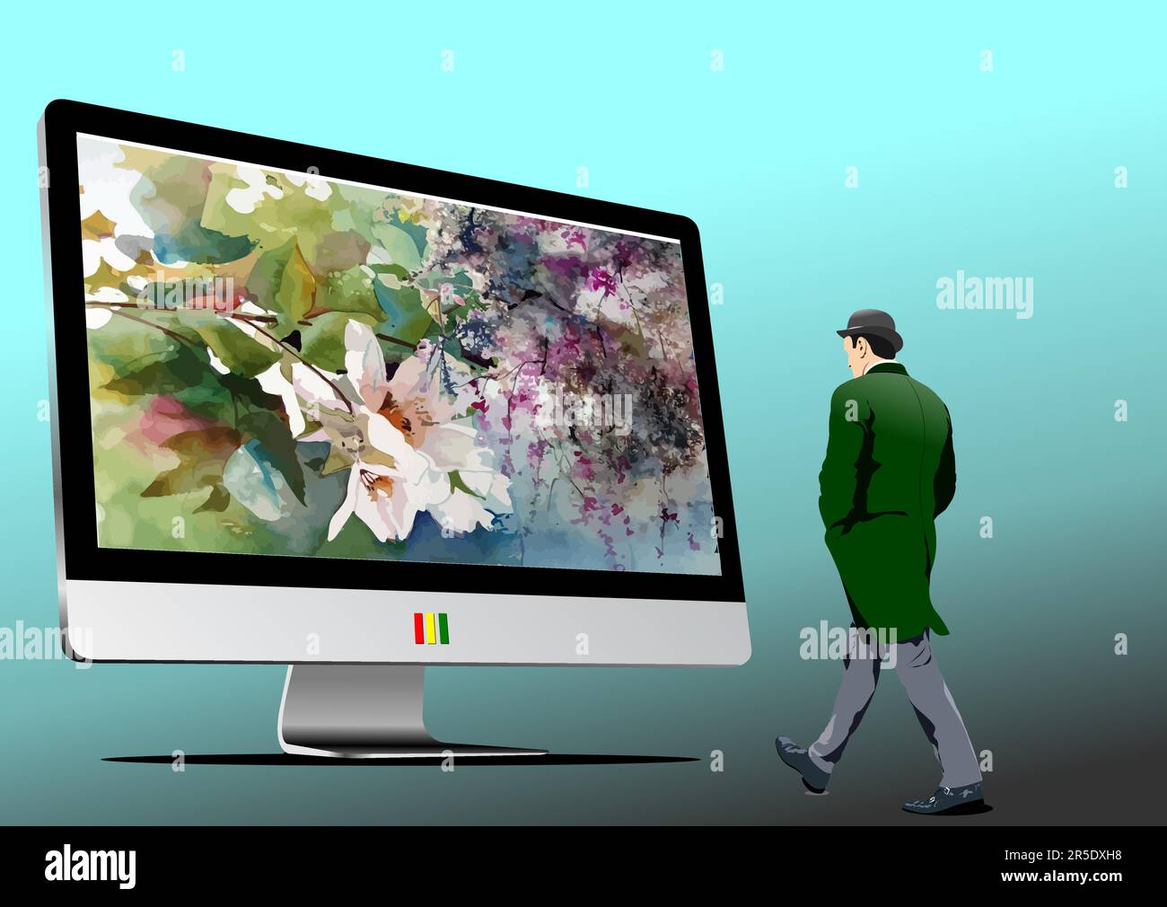 Flat computer monitor and walking man. Display. Vector 3d abstract ...