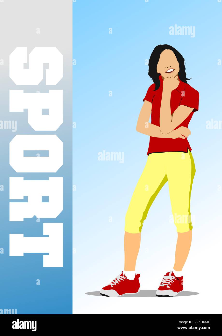 Young athlete woman in red-yellow sports suit. Vector 3d illustrations ...