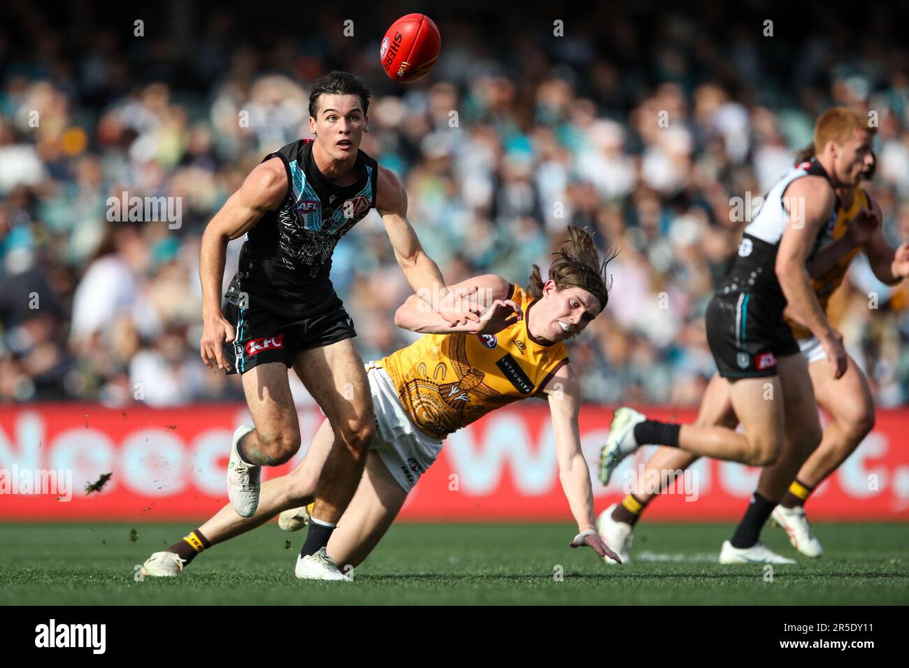 Adelaide, Australia. 03rd June, 2023. Connor Rozee of the Power evades ...