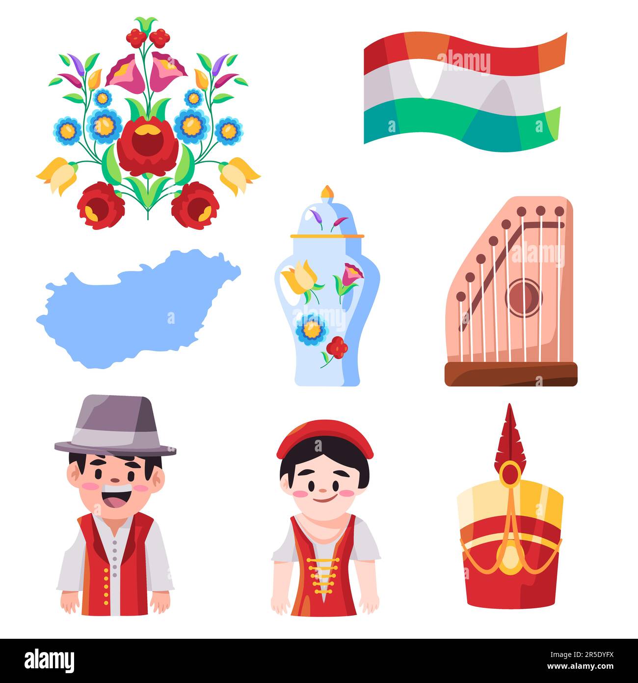 Hungary object icon set collection flower embroidery vase map flag boy ...