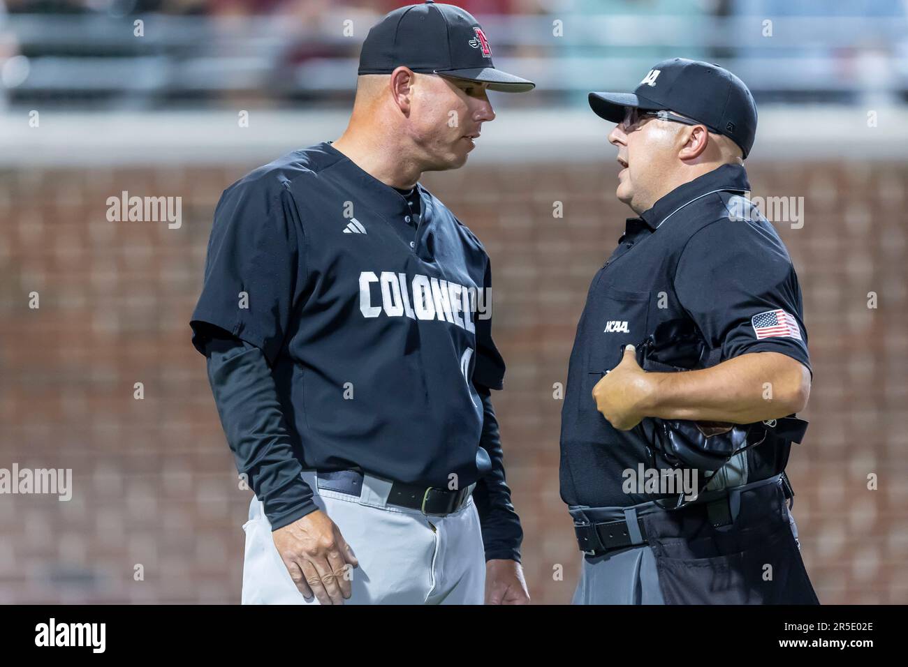 Nicholls head coach Mike Silva talks with an umpire during an NCAA baseball game against Alabama ...