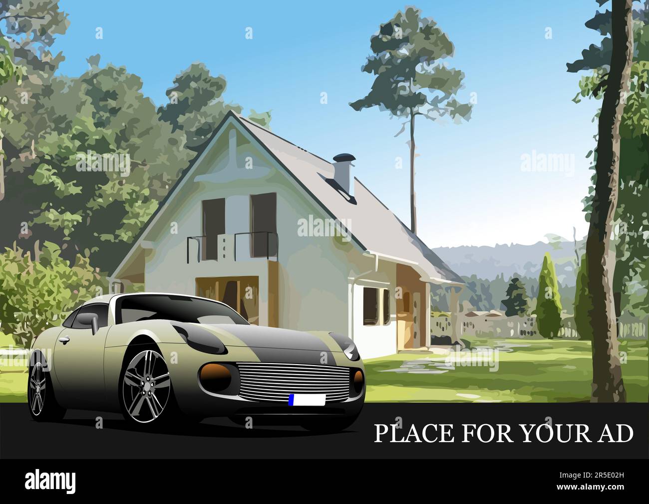 Elegant modern house with its gardens and a parked car. 3d color vector ...