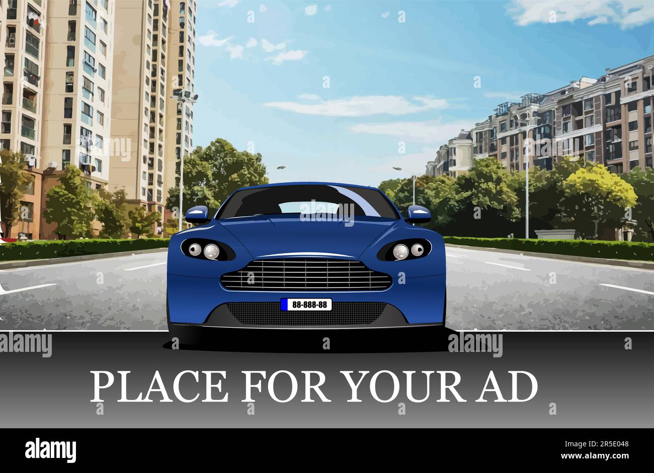 Residential street in the modern city with blue car image. 3d color ...