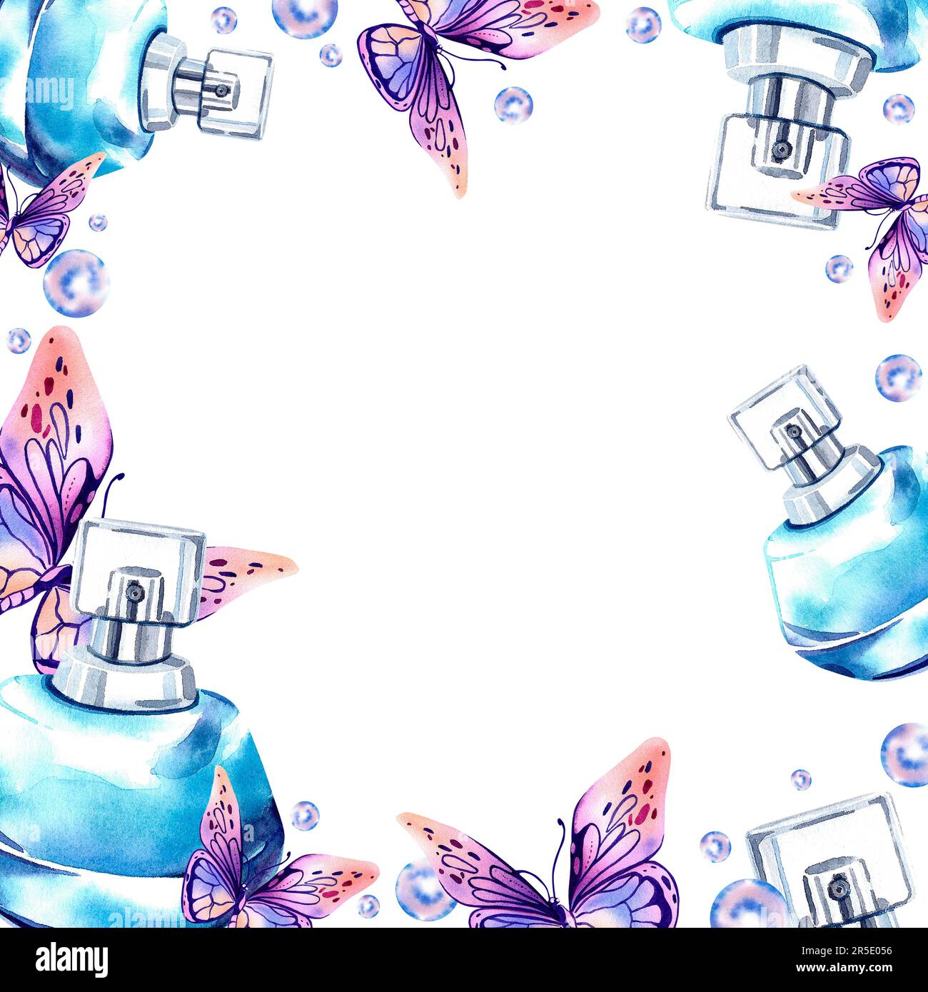 A frame of blue perfume, morpho butterflies, and mother-of-pearl beads ...