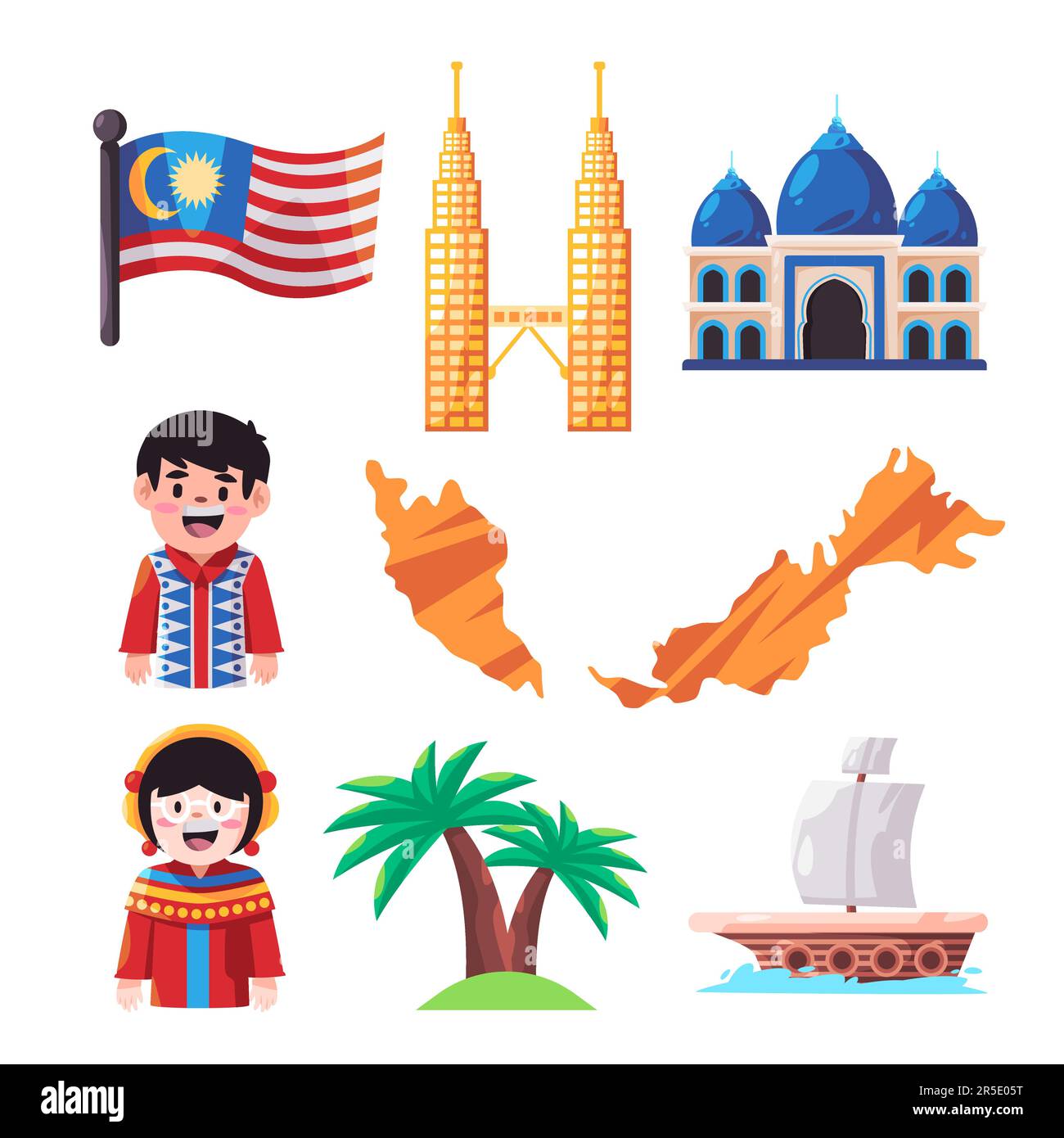 Malaysia icon set graphic man woman traditional clothes twin tower ...