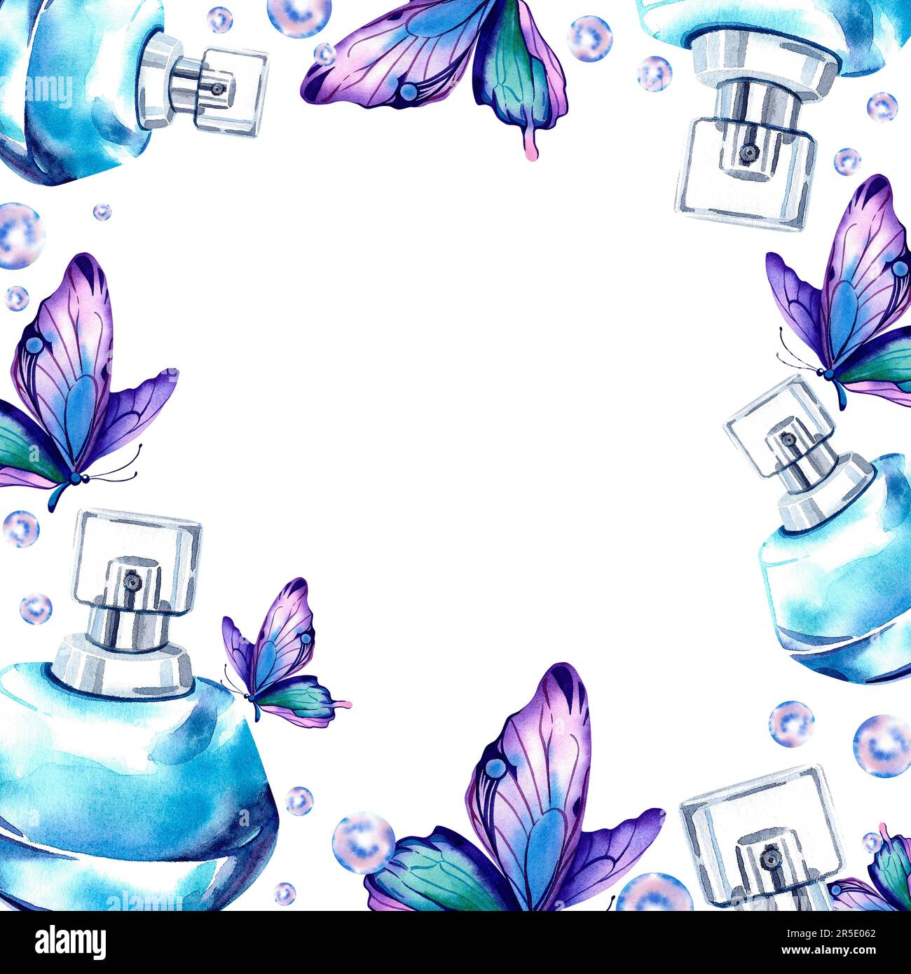 A frame of blue perfume, morpho butterflies, and mother-of-pearl beads ...