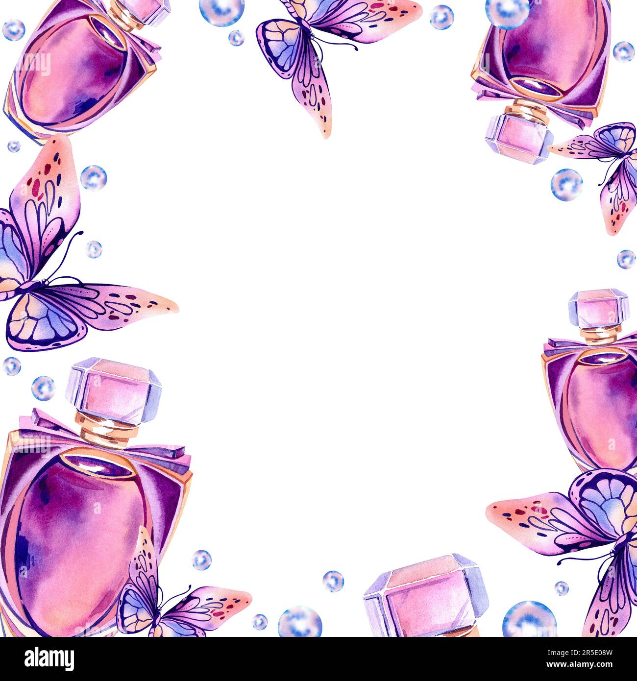 A frame of pink perfume, morpho butterflies, and pearl beads ...