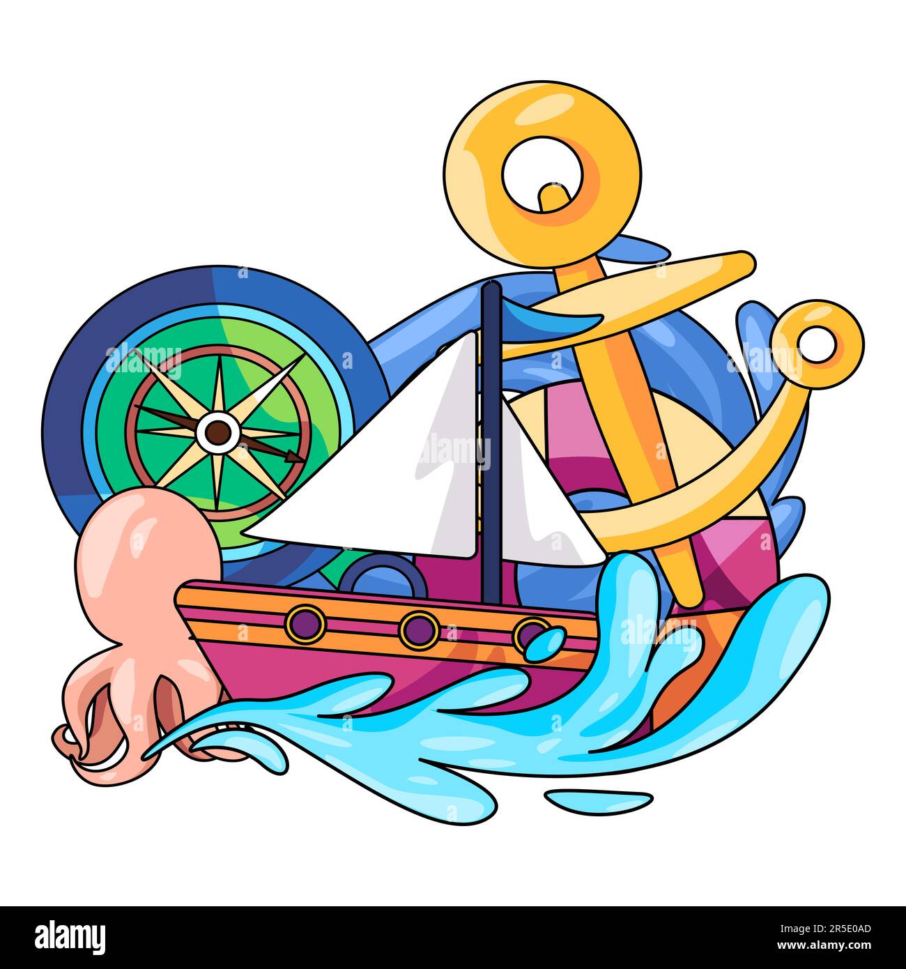 emblem sticker of marine sea art drawing illustration of sailboat with ...