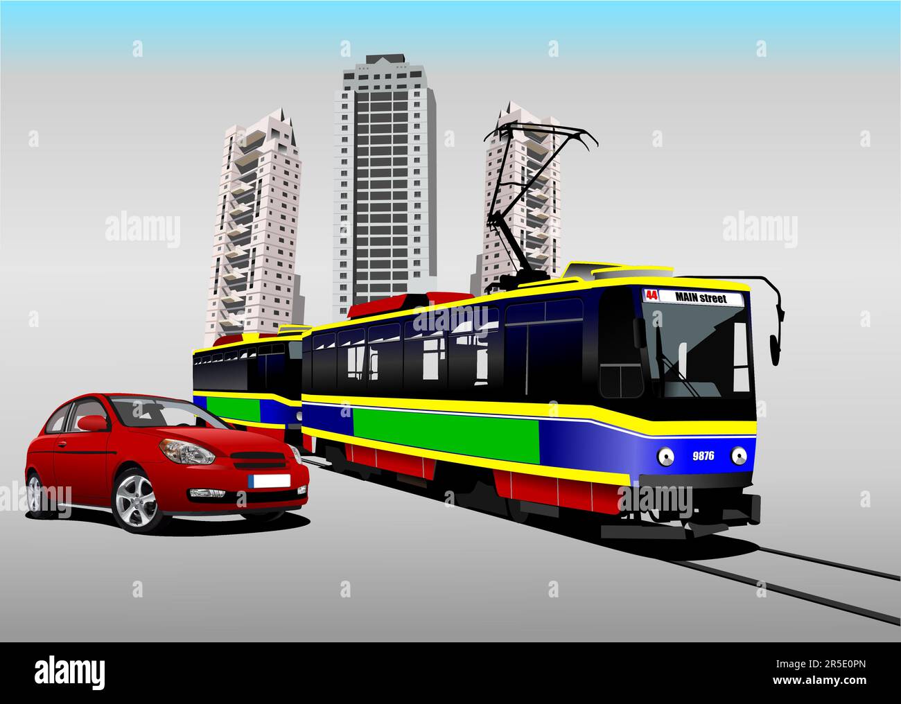 Red car sedan and city tram on the road. Vector 3d illustration Stock ...
