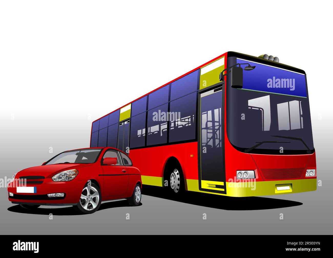 Red car sedan and city bus on the road. Vector 3d illustration Stock ...