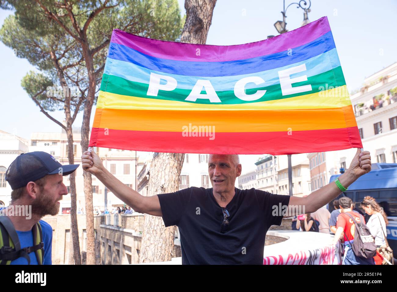 Rome, Italy. 02nd June, 2023. An activist displays the peace flag in ...
