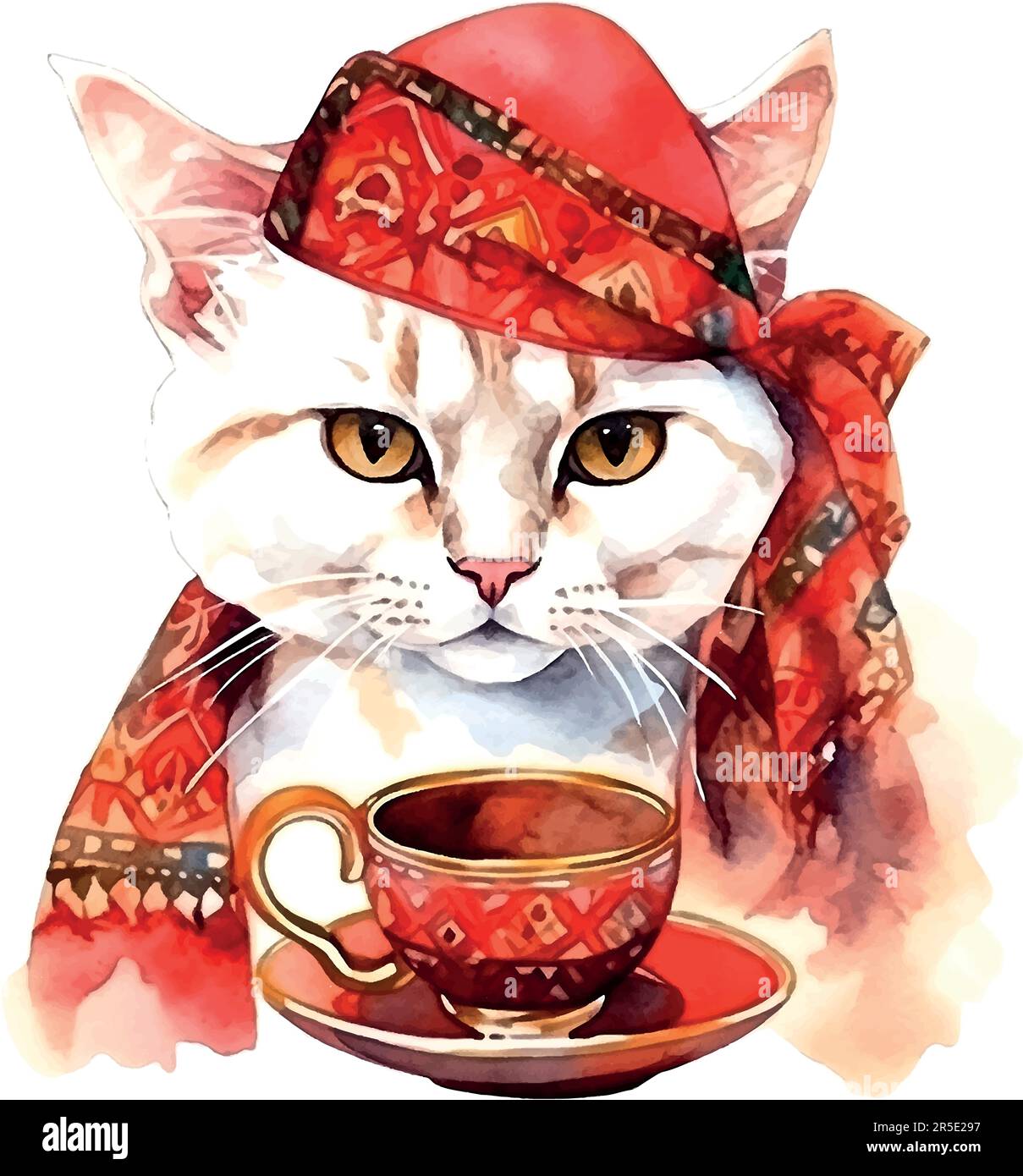 Turkish Cat with coffee cup. Muslim cat with turban. Watercolor Vector ...