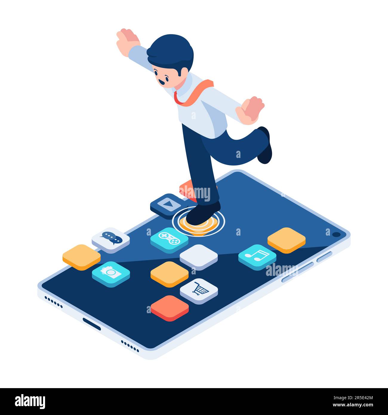 Flat 3d Isometric Businessman Jumping on Smartphone Application. Mobile ...