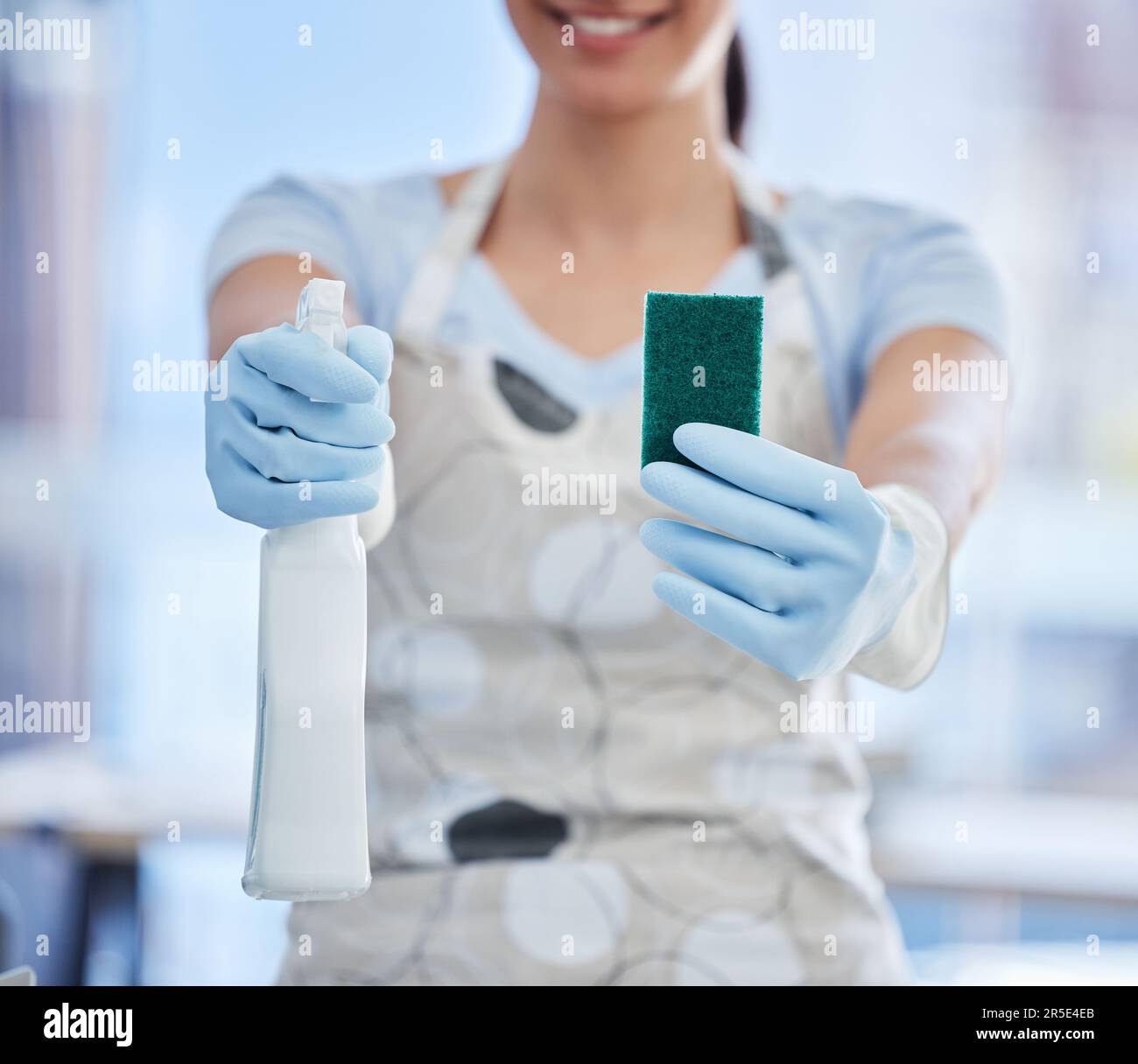 Hygiene, woman with sponge and bottle with detergents at her home with ...