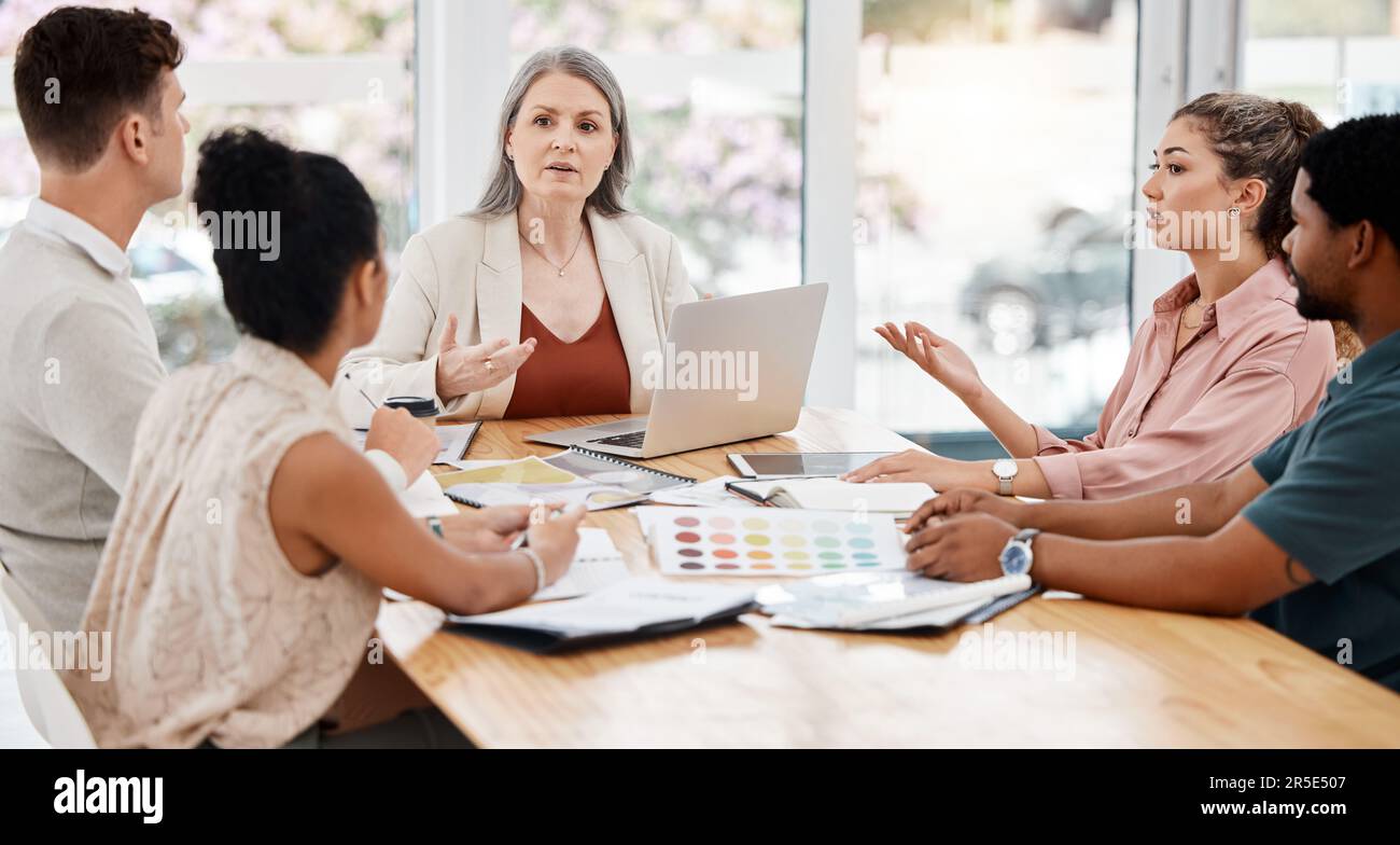 Business meeting, people and manager color choice for website design ...