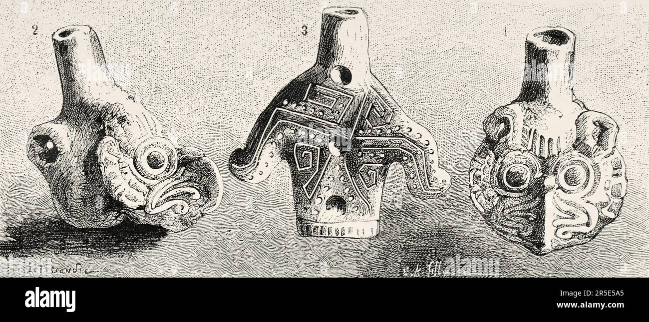 Old Peruvian clay whistles. 1-2 Whistle with animal shape, 3 Whistle in ...