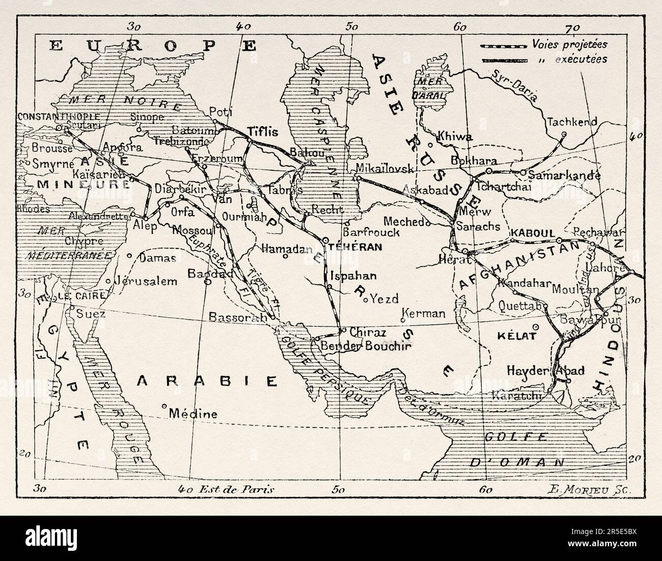 Old Map of railways in the east. Old 19th century engraving from La ...