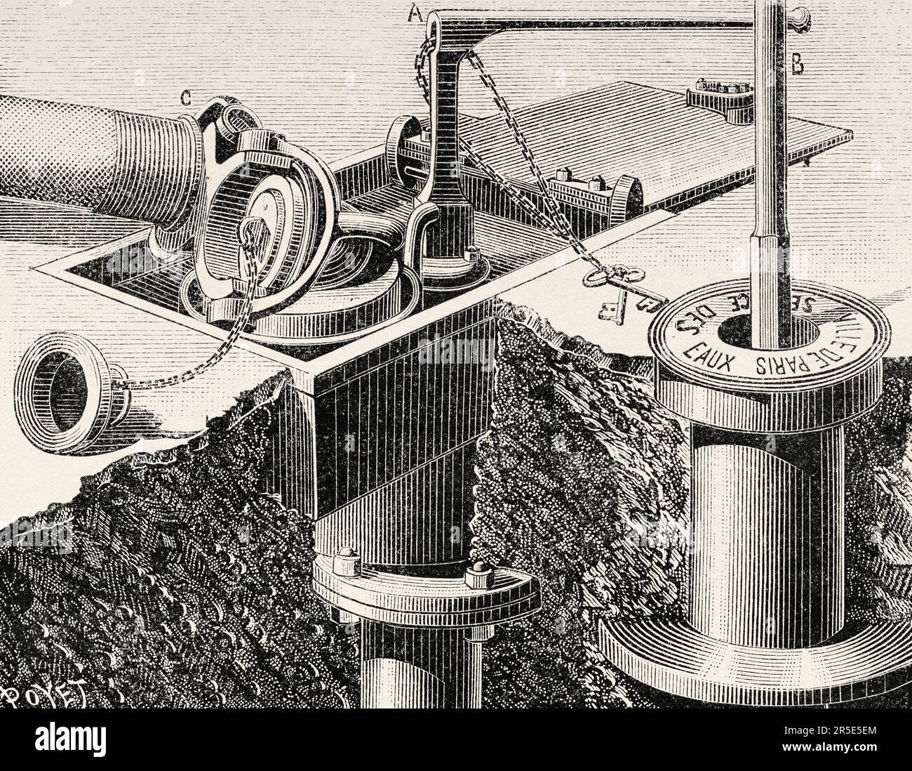 Paris fire brigade equipment materials, hydrant under the sidewalk ...