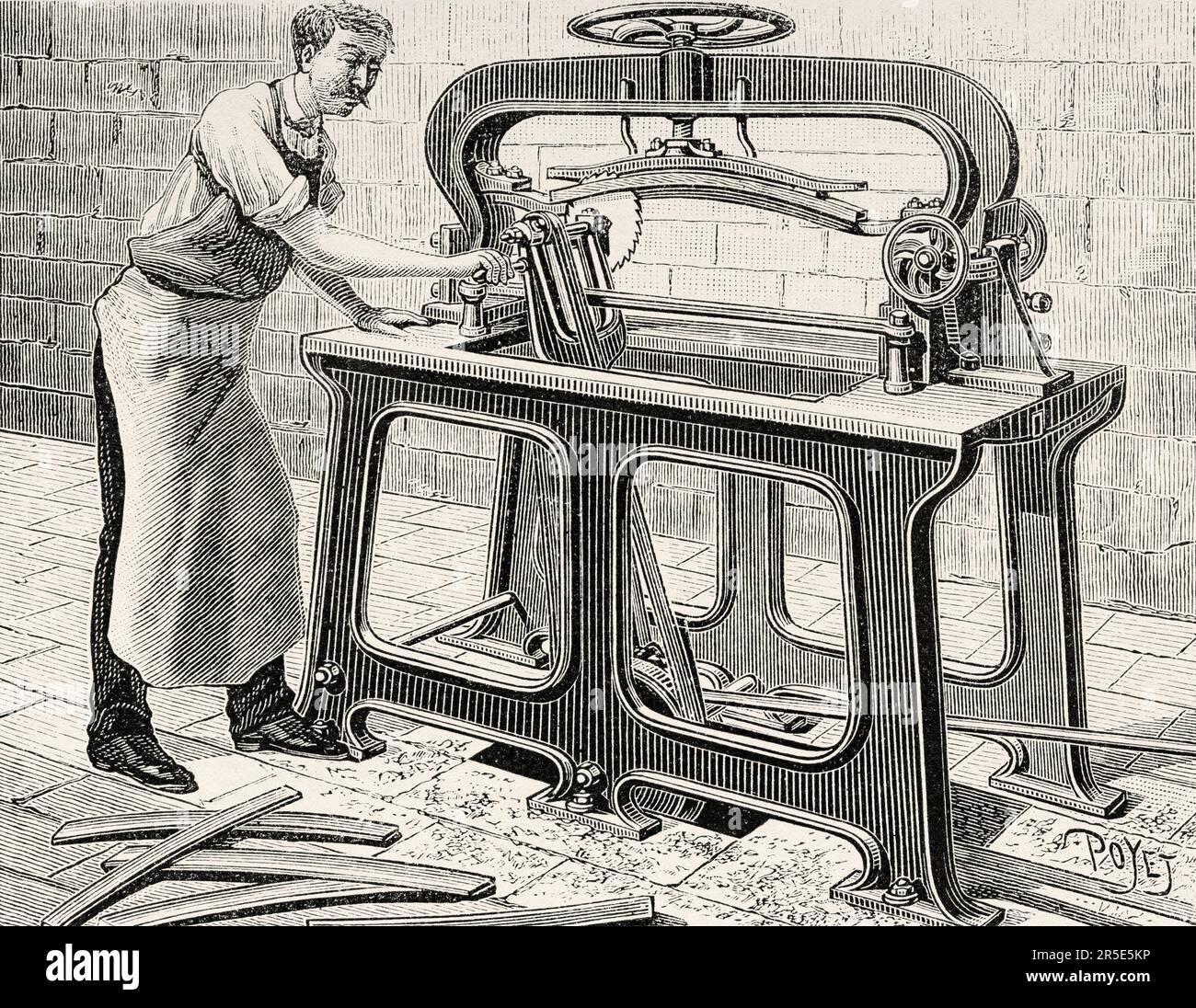 Wood cutting machine. Old 19th century engraving from La Nature 1887 ...