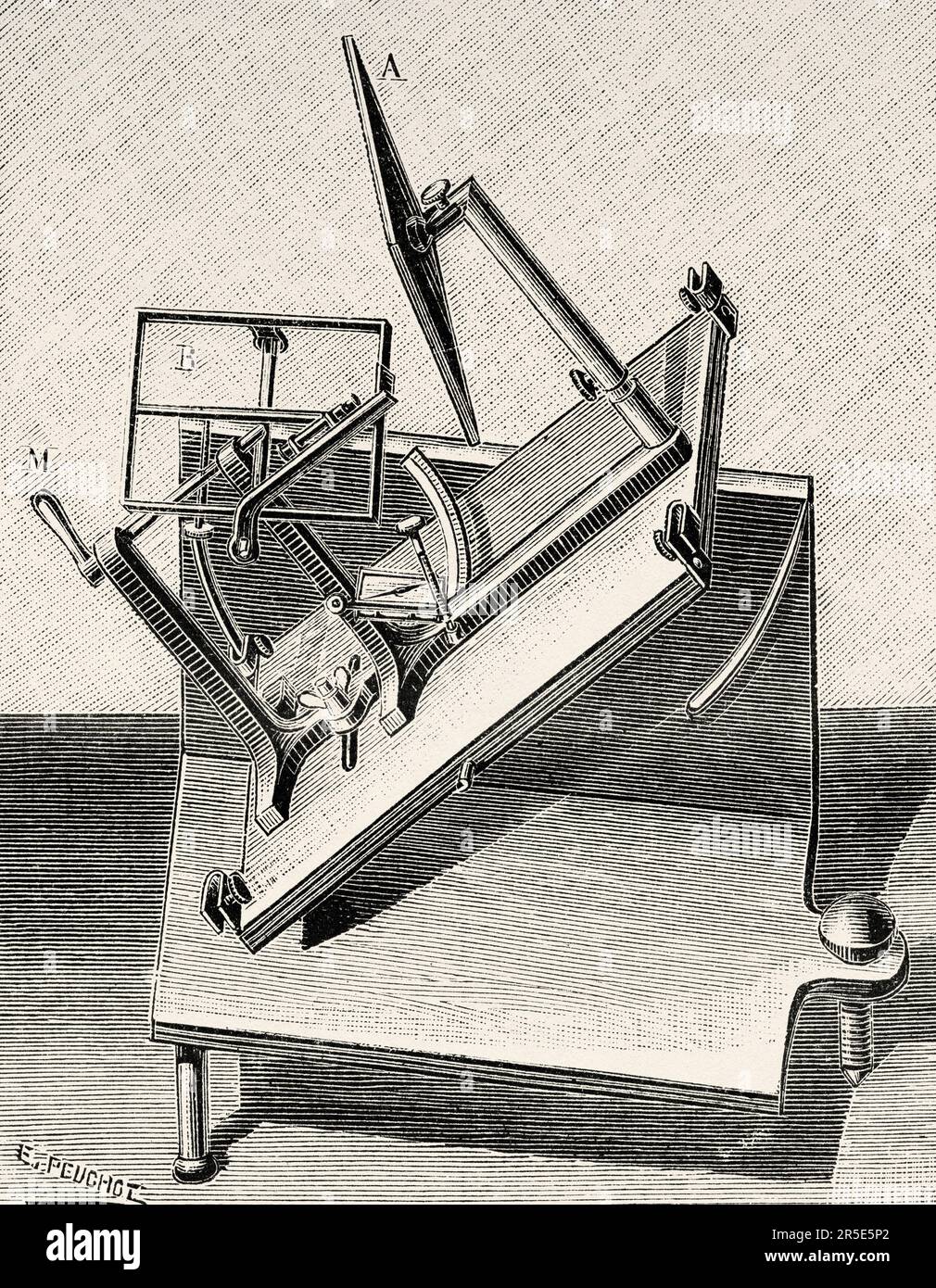 Optical telegraph apparatus of Leseurre. Old 19th century engraving ...