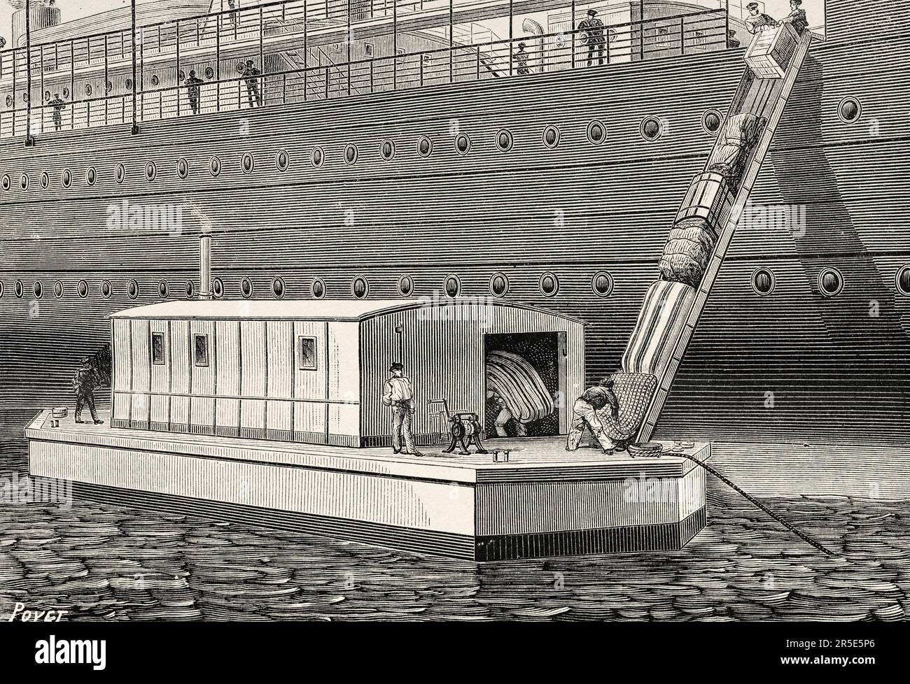 Pressure steam disinfection barge in operation alongside a ship. Old ...