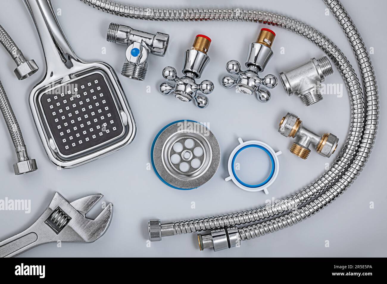 Bathroom Plumbing Accessories On White Background Stock Photo - Alamy