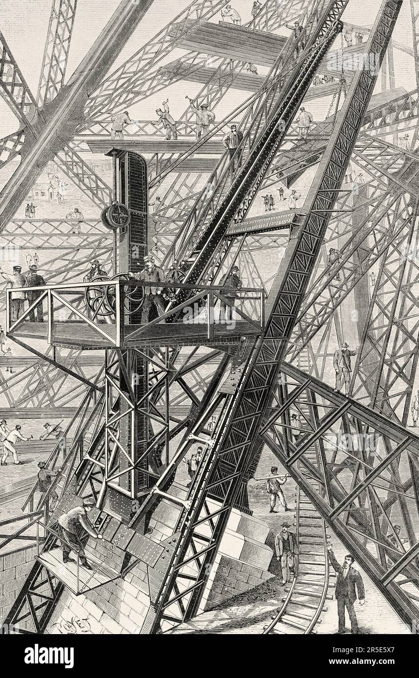Construction of the Eiffel Tower, Paris in 1887, France. Old 19th century engraving from La ...