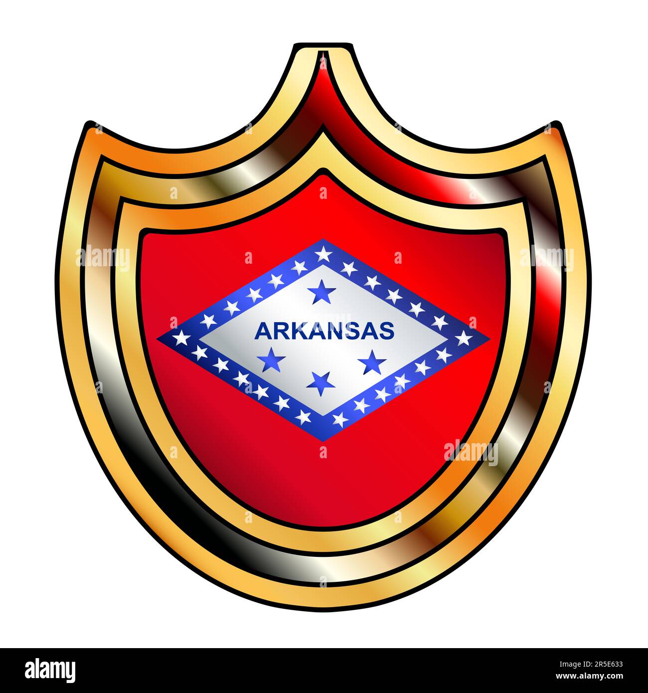 Typical metal shield with inset Arkansas State flag icons on a white ...