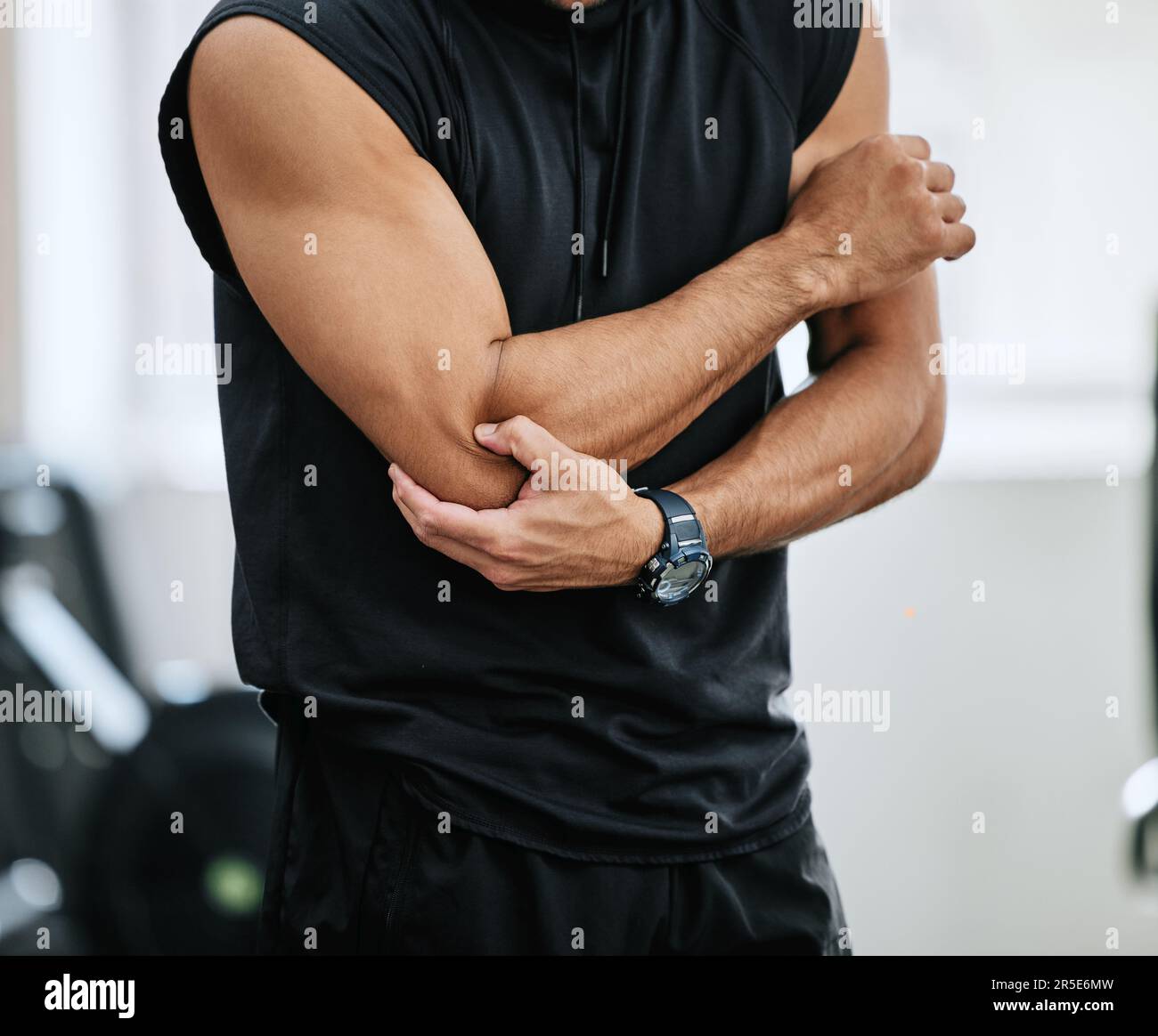 Fitness, gym and injury, man with elbow pain and medical emergency from ...