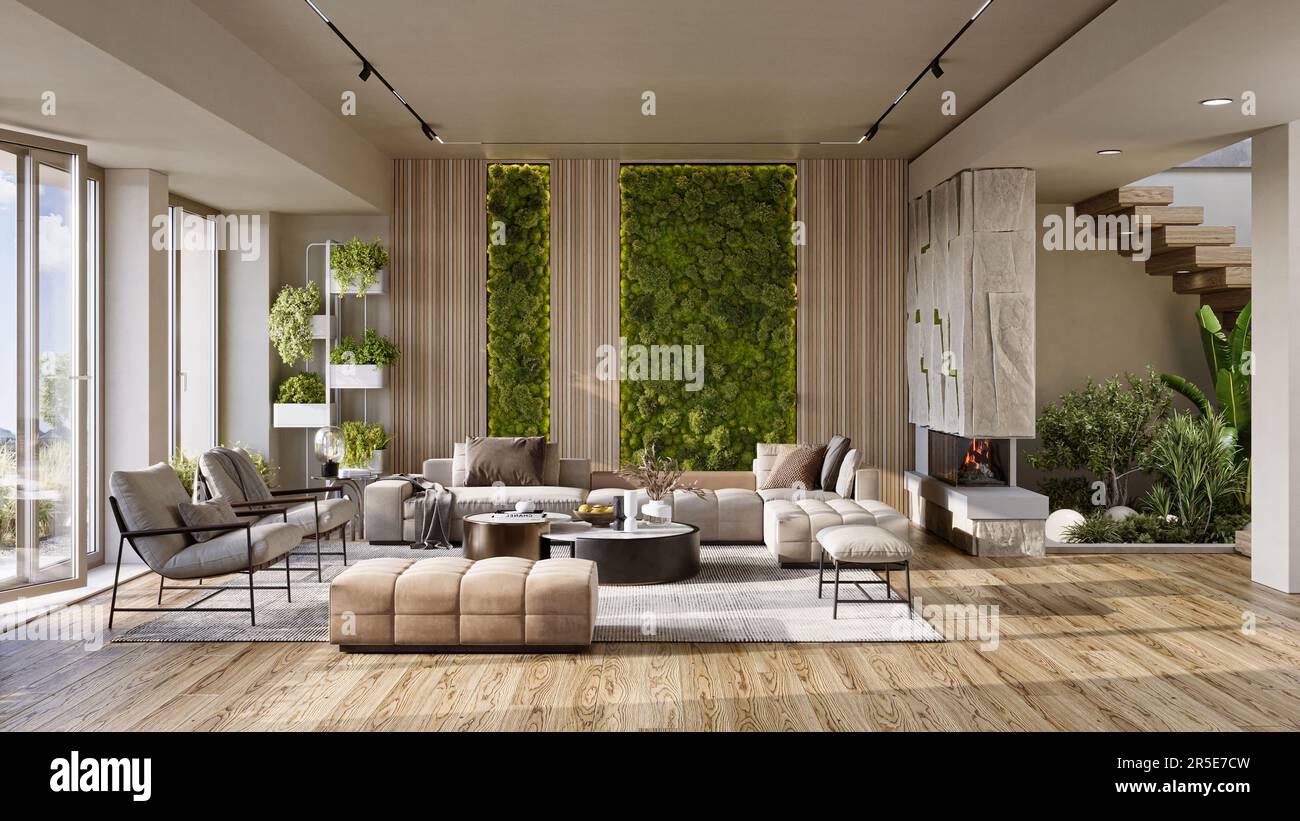 Reindeer moss wall in modern living room interior. Vertical landscaping ...
