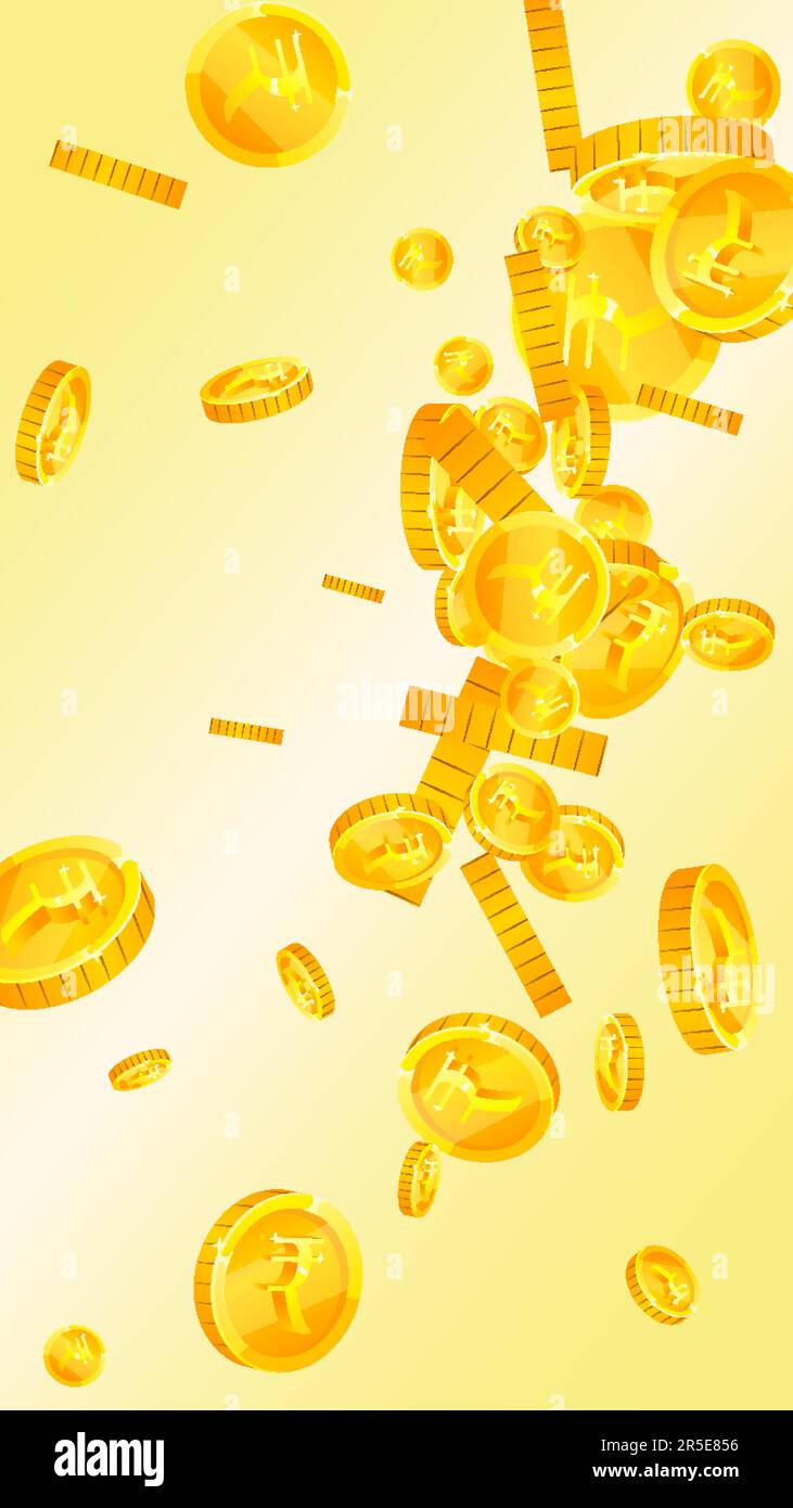 Indian rupee coins falling. Scattered gold INR coins. India money ...