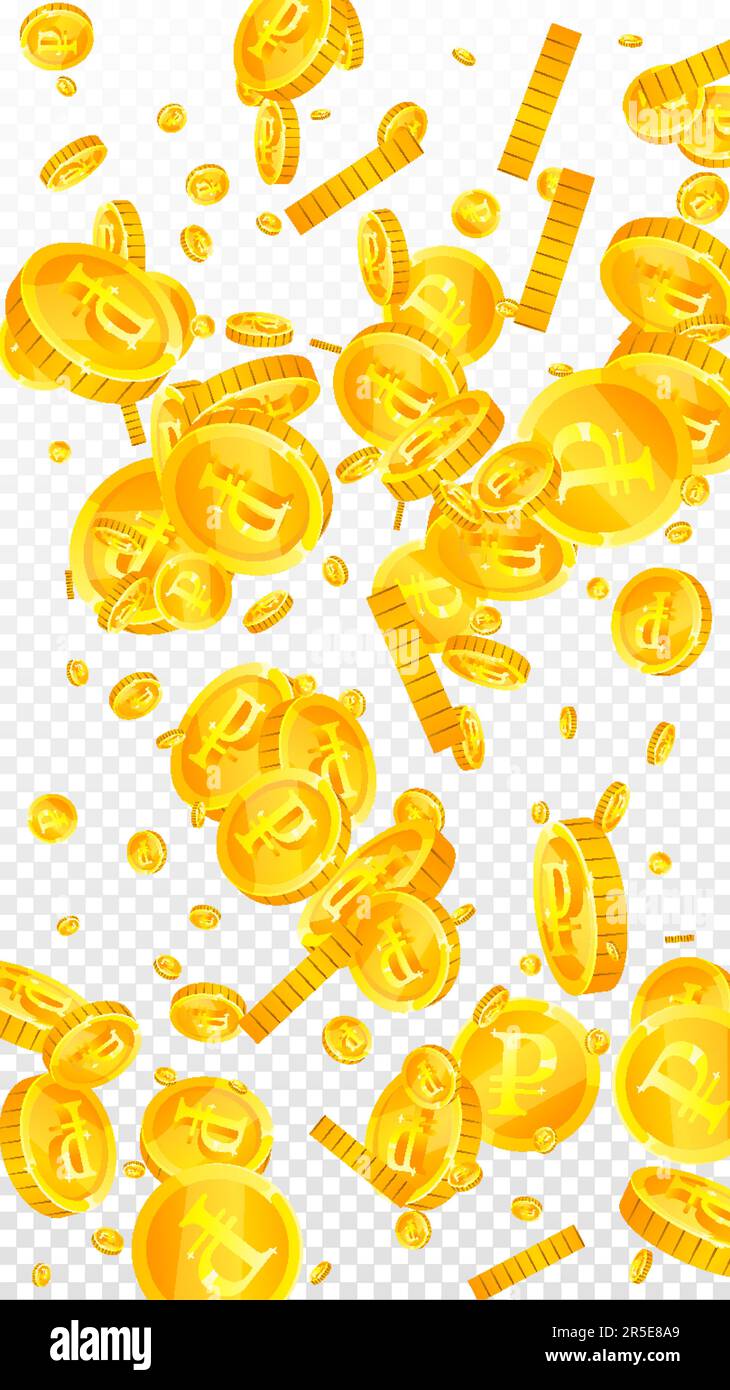 Russian ruble coins falling. Scattered gold RUB coins. Russia money ...