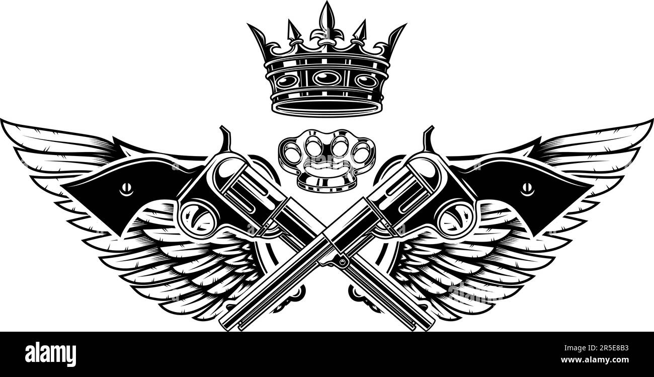 Two guns and wings with king crown. Design element for logo, label ...
