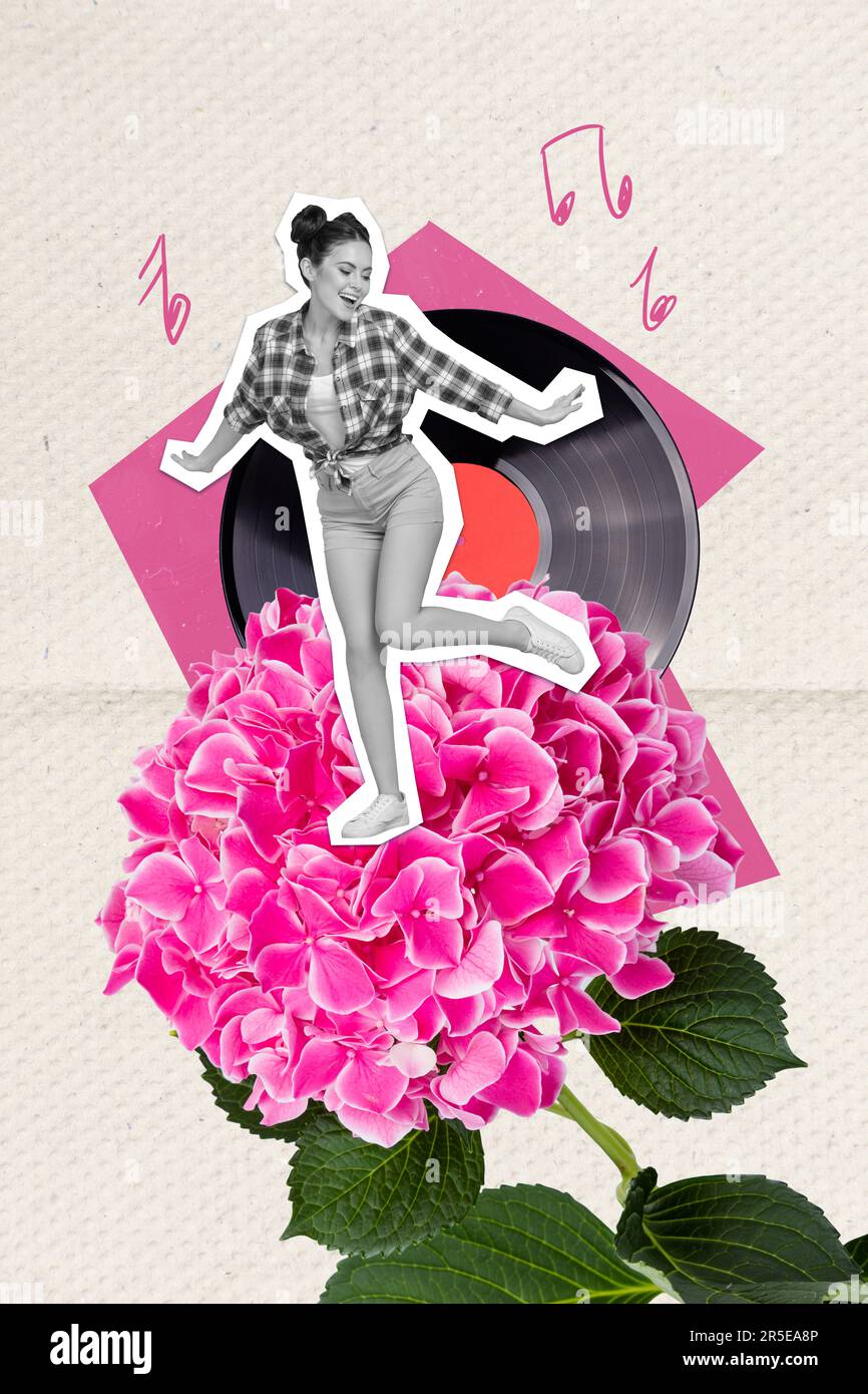 Vertical collage of black white colors carefree mini girl dancing huge ...