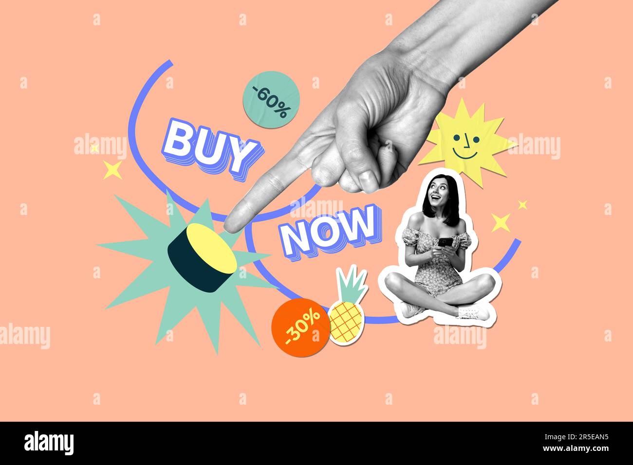 Painting drawing collage template of amazed lady enjoy press button on ...