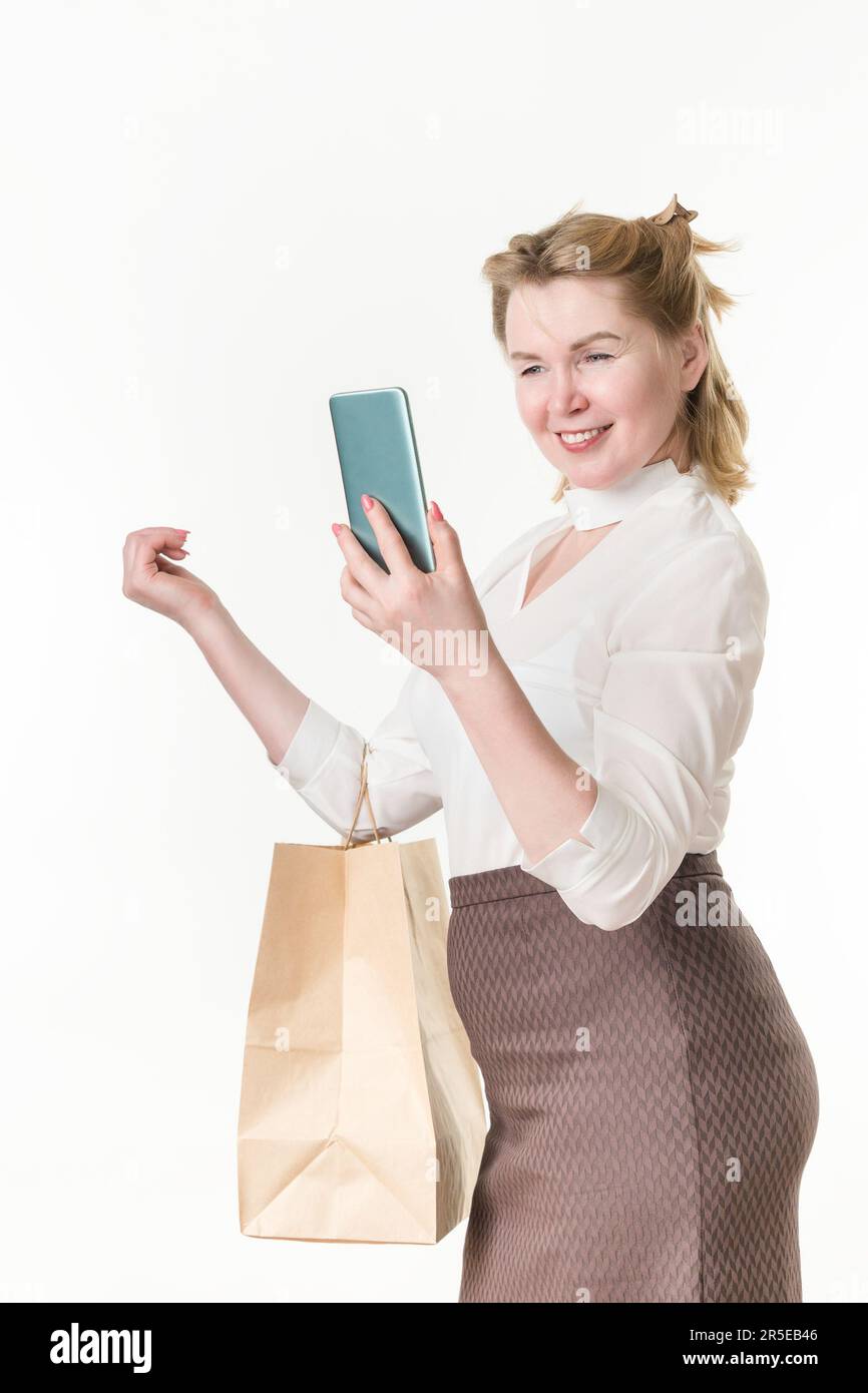 Woman banking phone app Cut Out Stock Images & Pictures - Alamy