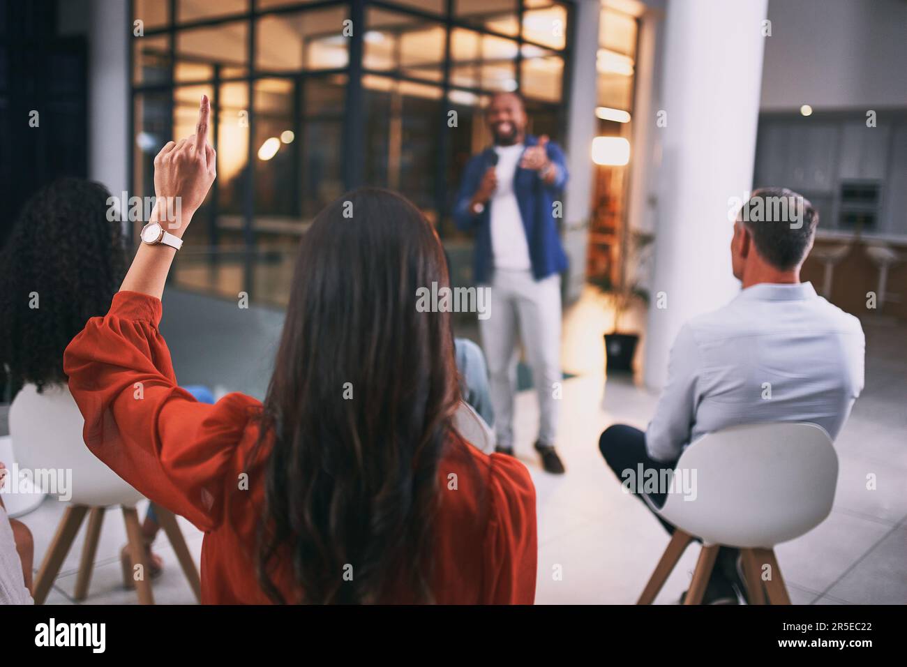 Woman raising finger ask hi-res stock photography and images - Alamy