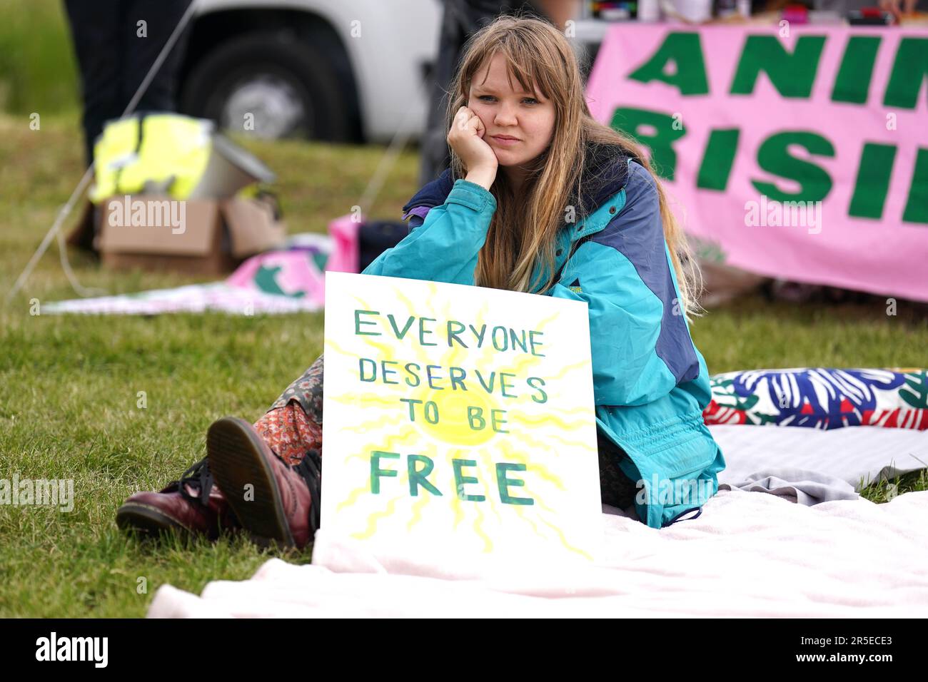 Animal rights protest group Animal Rising outside the entrance of the ...